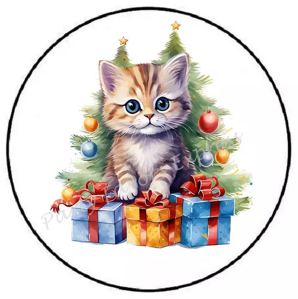 Christmas Kitten With Tree Presents Stickers Party Favors Phone Decal ...