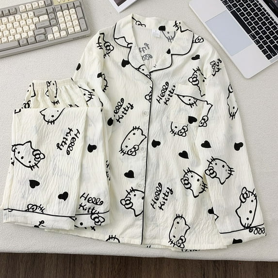 Christmas Kitty Cat Women Lapel Long-sleeve Top Long-pants Pajama Set ...