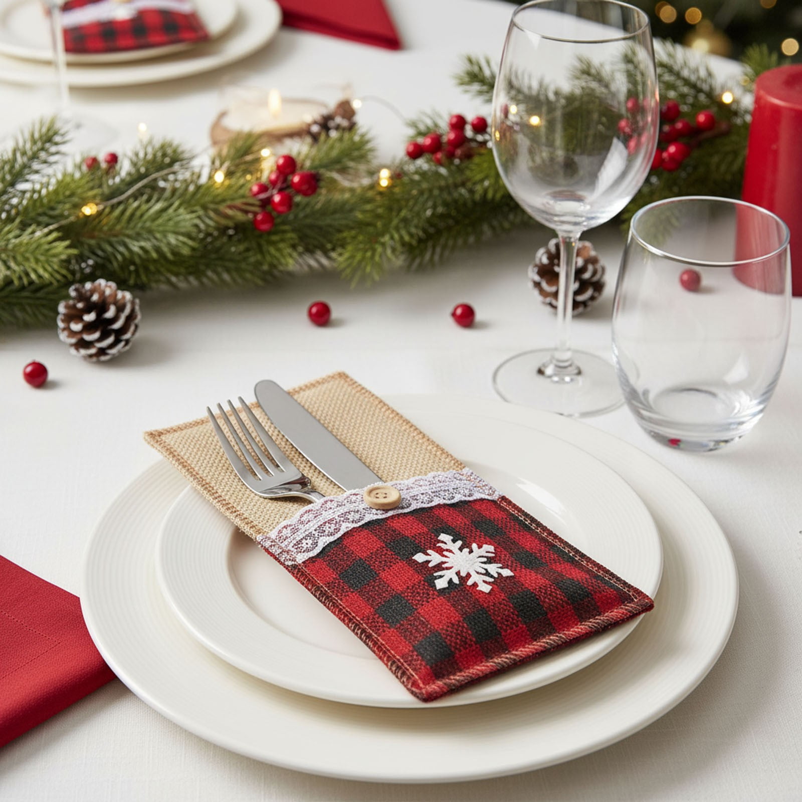 Christmas Knife and Fork Set, Linen Cutlery Storage Bag with Snowflake ...
