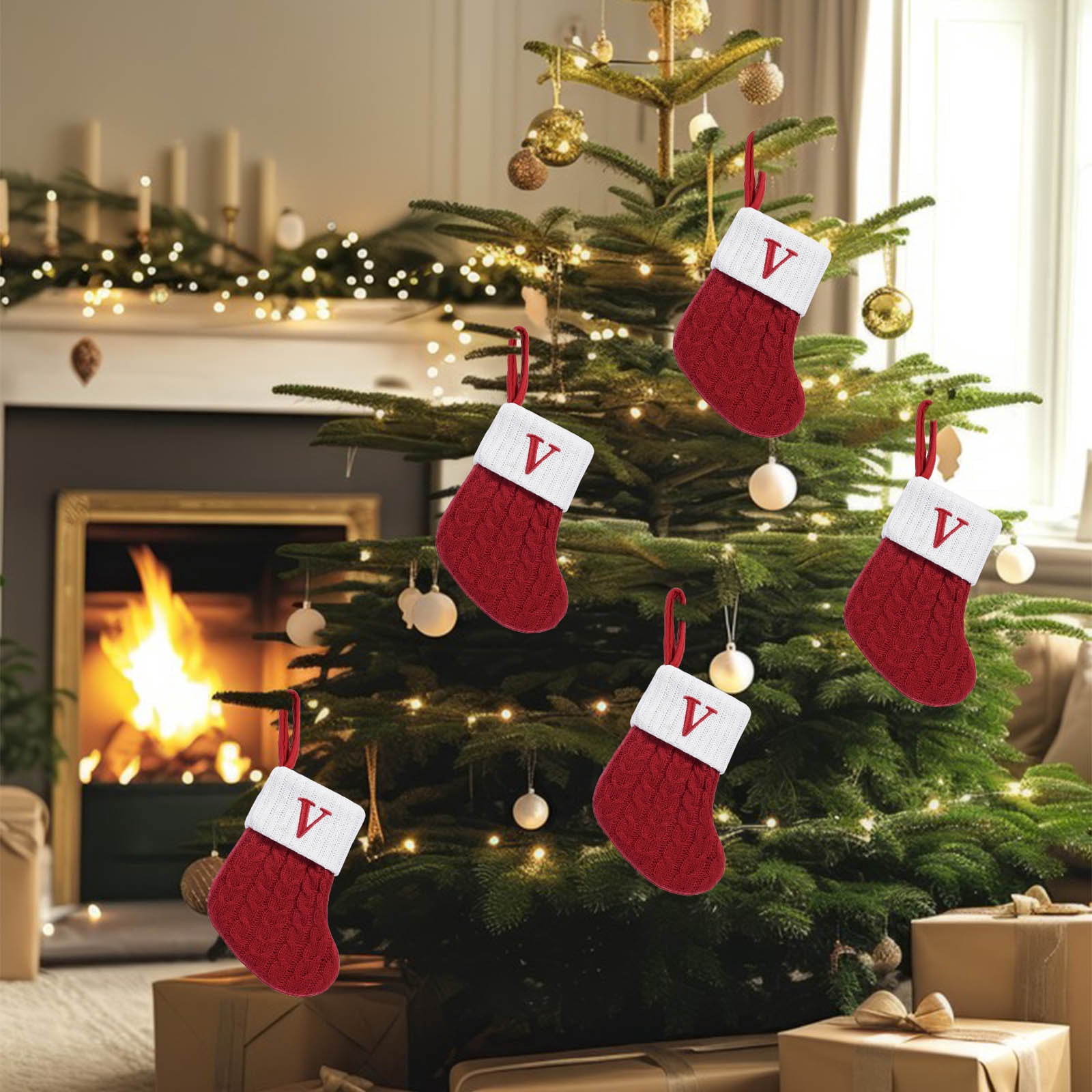 Christmas Knitted Stocking Gift Bag - Embroidered Letter Design, 7x6in ...