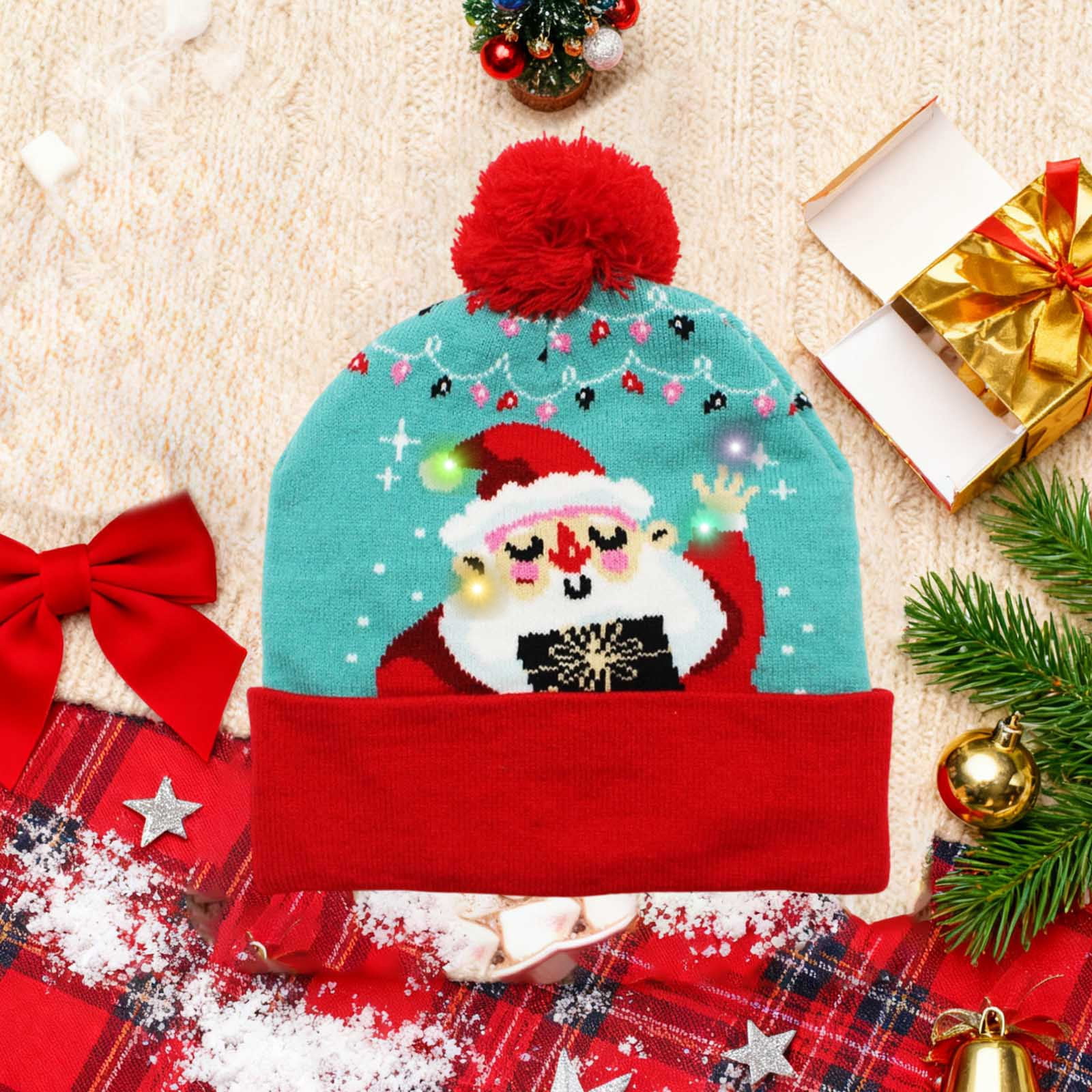 Christmas LED Knitted Hat, Santa Claus Hairball Beanie, Warm Ear ...