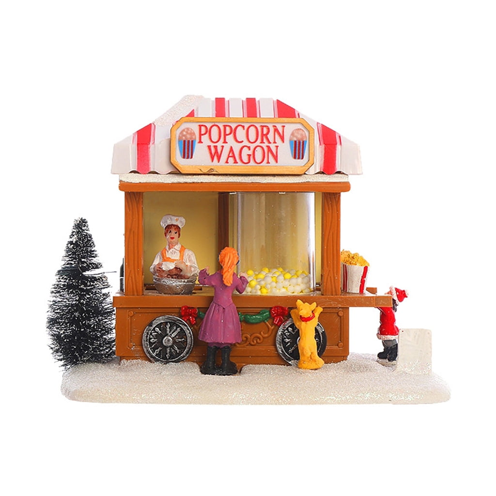 Christmas LED Lighted House Resin Popcorn Wagon Musical Animated ...