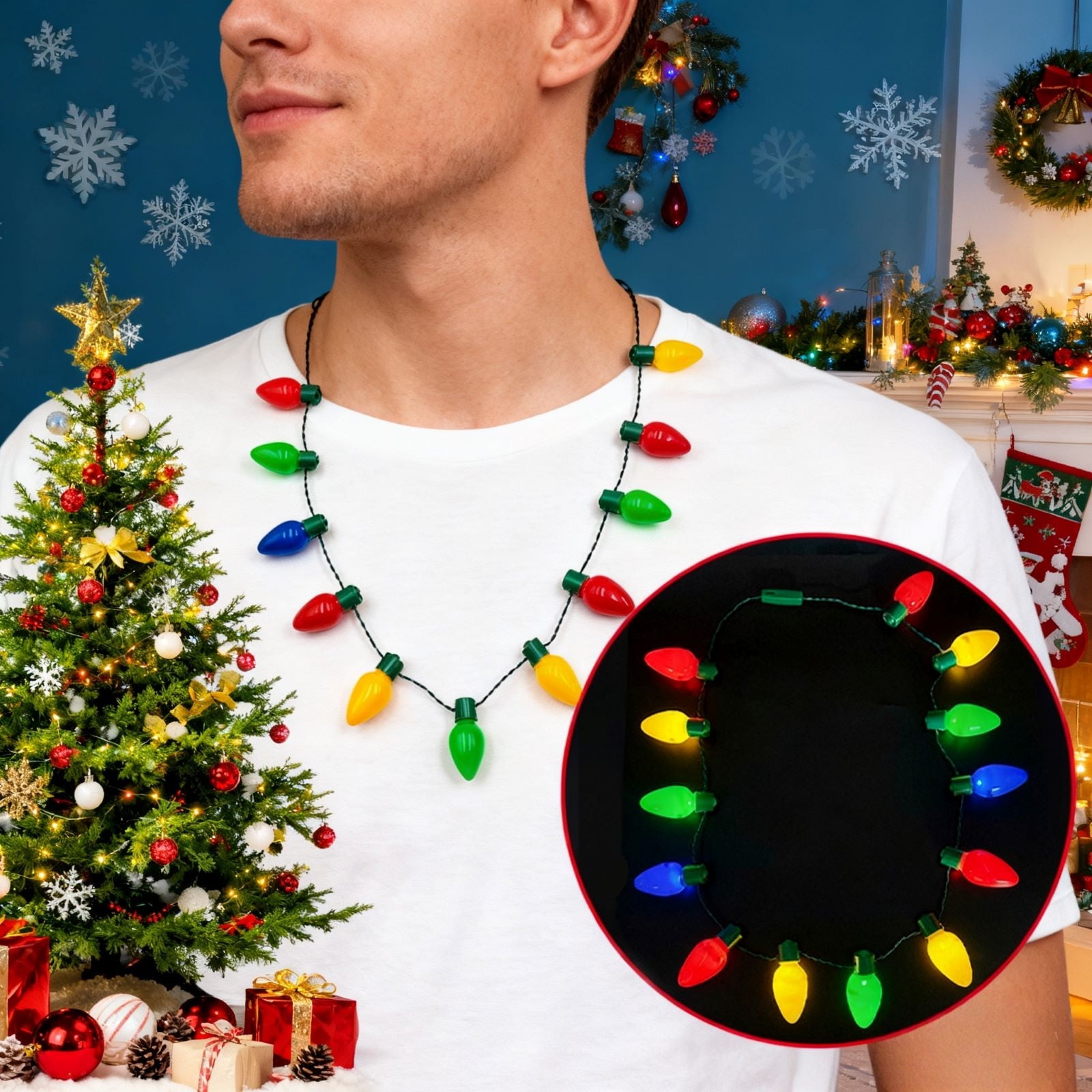 Christmas LED Necklace, 13 Multicolor Bulb Light String, Festive ...