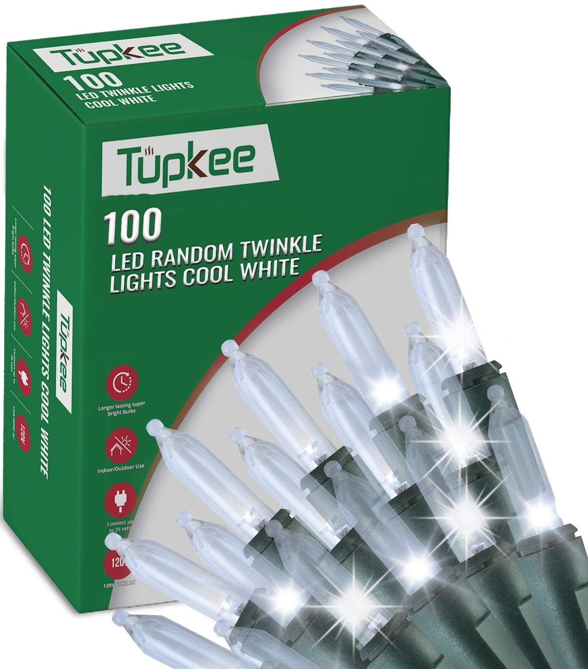 Tupkee LED Christmas Twinkle Lights - 100 Cool White Bulbs, Indoor ...