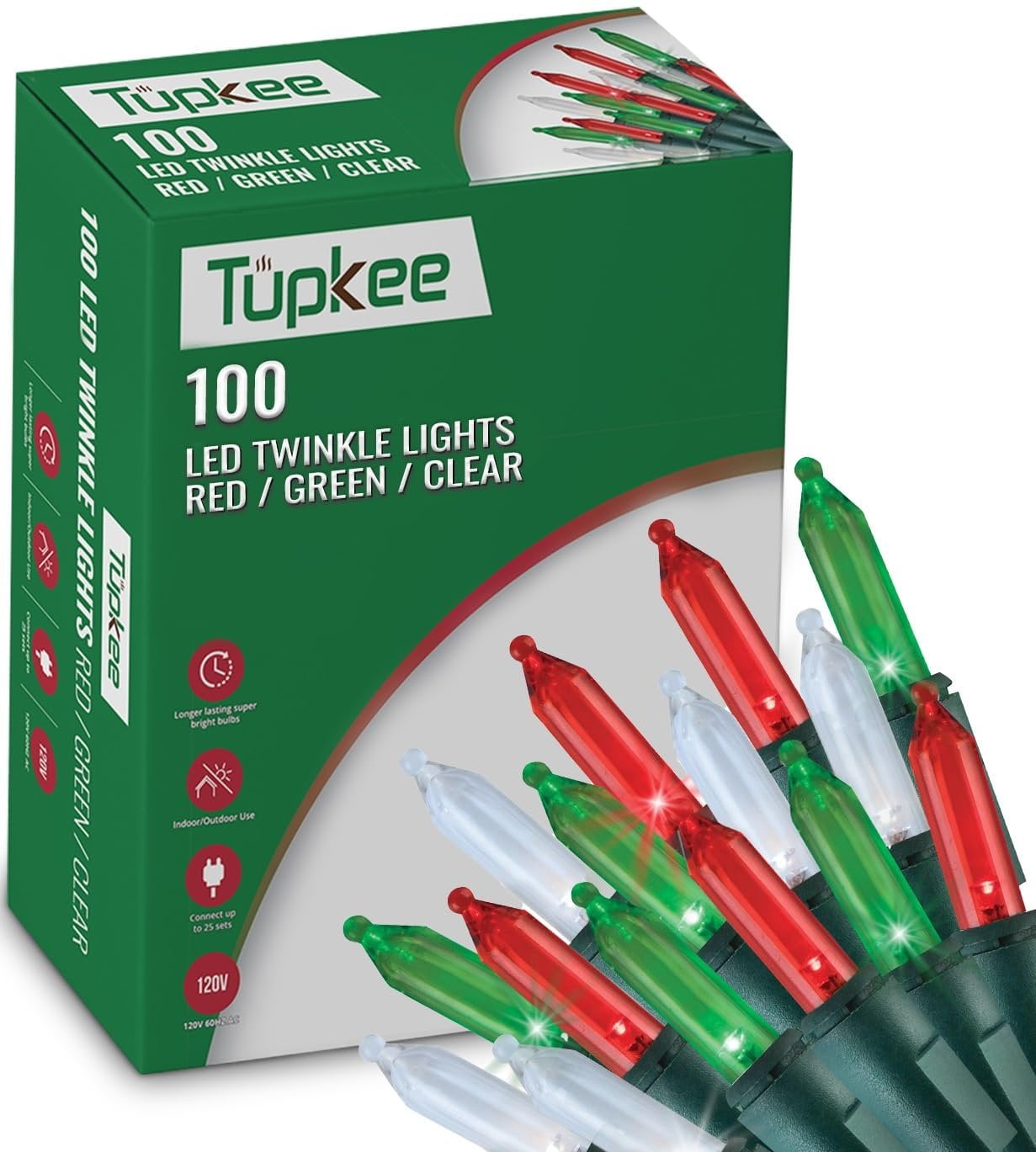 Tupkee LED Twinkle Lights - 100 Bulbs, Red/Green/Cool White, Indoor ...