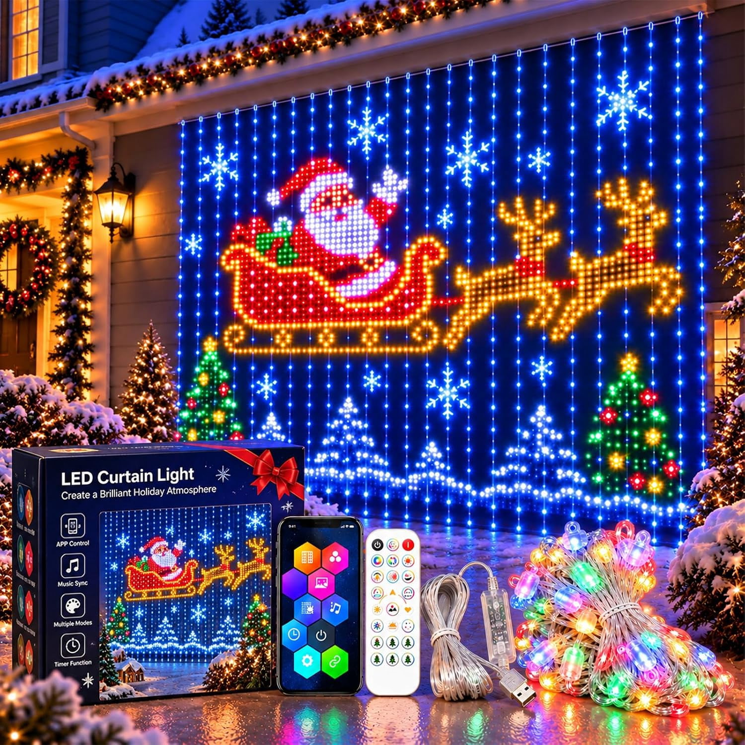 Christmas LED Smart Wall Curtain Net Lights, Outdoor Decorations, 400 ...
