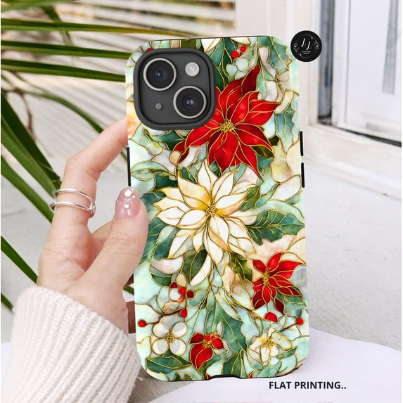 Christmas Leaves Poinsettia Holly Stained Glass Case for iPhone 17 16 ...