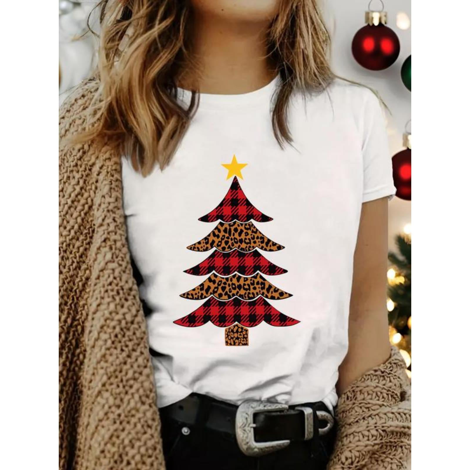 Christmas Leopard Tree Tee T Shirt Graphic Tops Holiday Animal Print ...