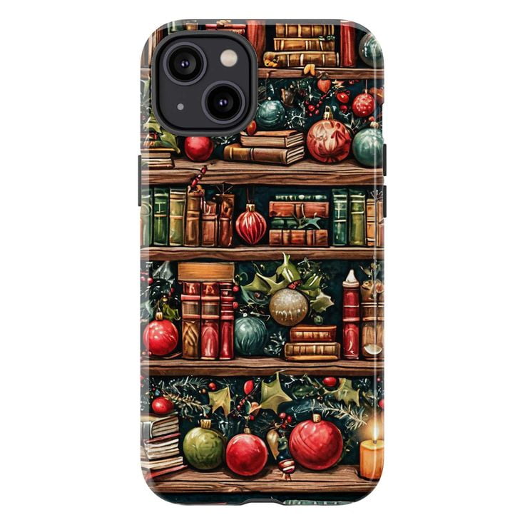 Christmas Library Bookshelf Phone Case, Vintage Holiday Ornaments ...