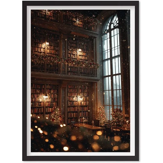 Christmas Library Wall Art, Festive Book Lover Print, Cozy Holiday ...