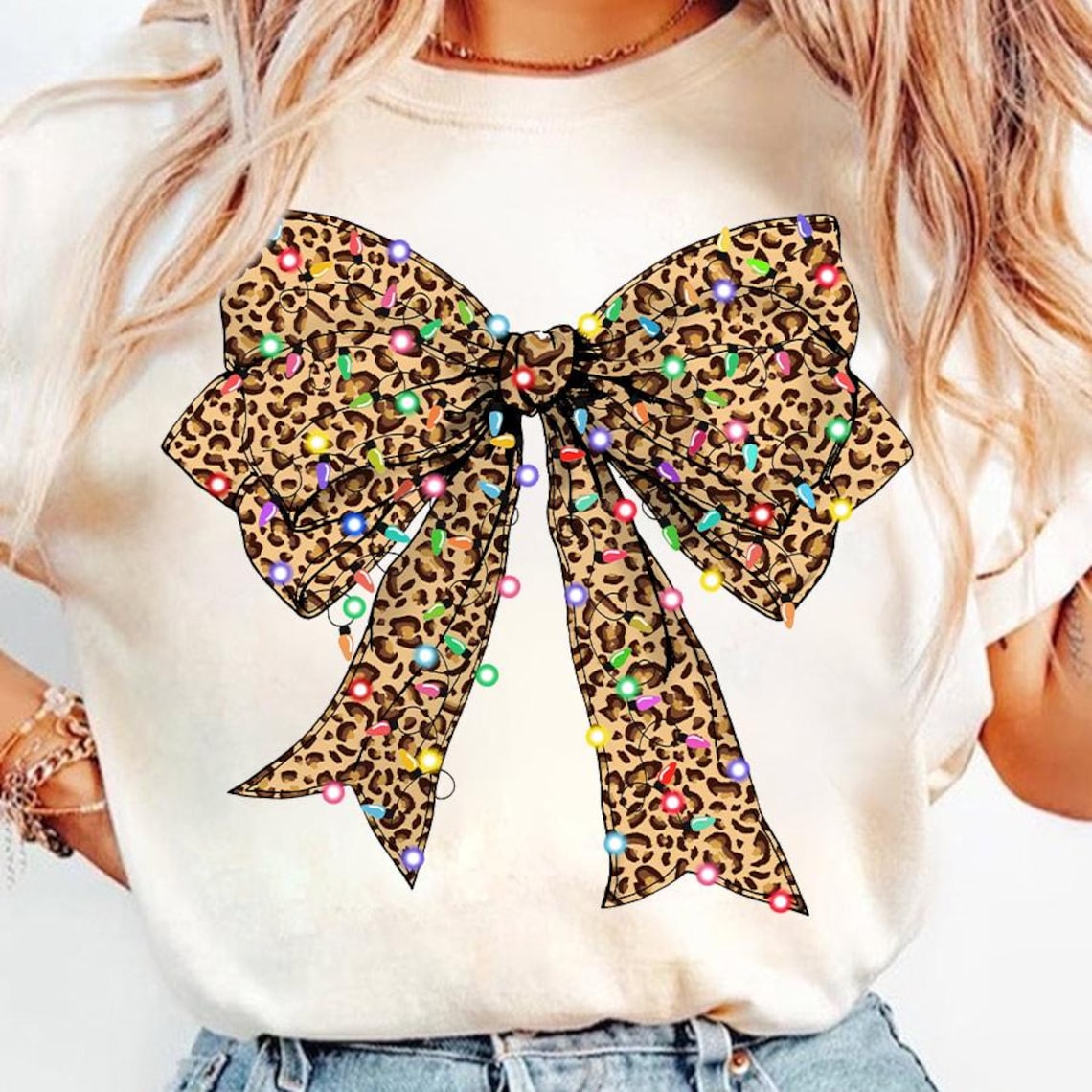 Christmas Light Coquette Leopard Bow png, Christmas Bow png, Christmas ...