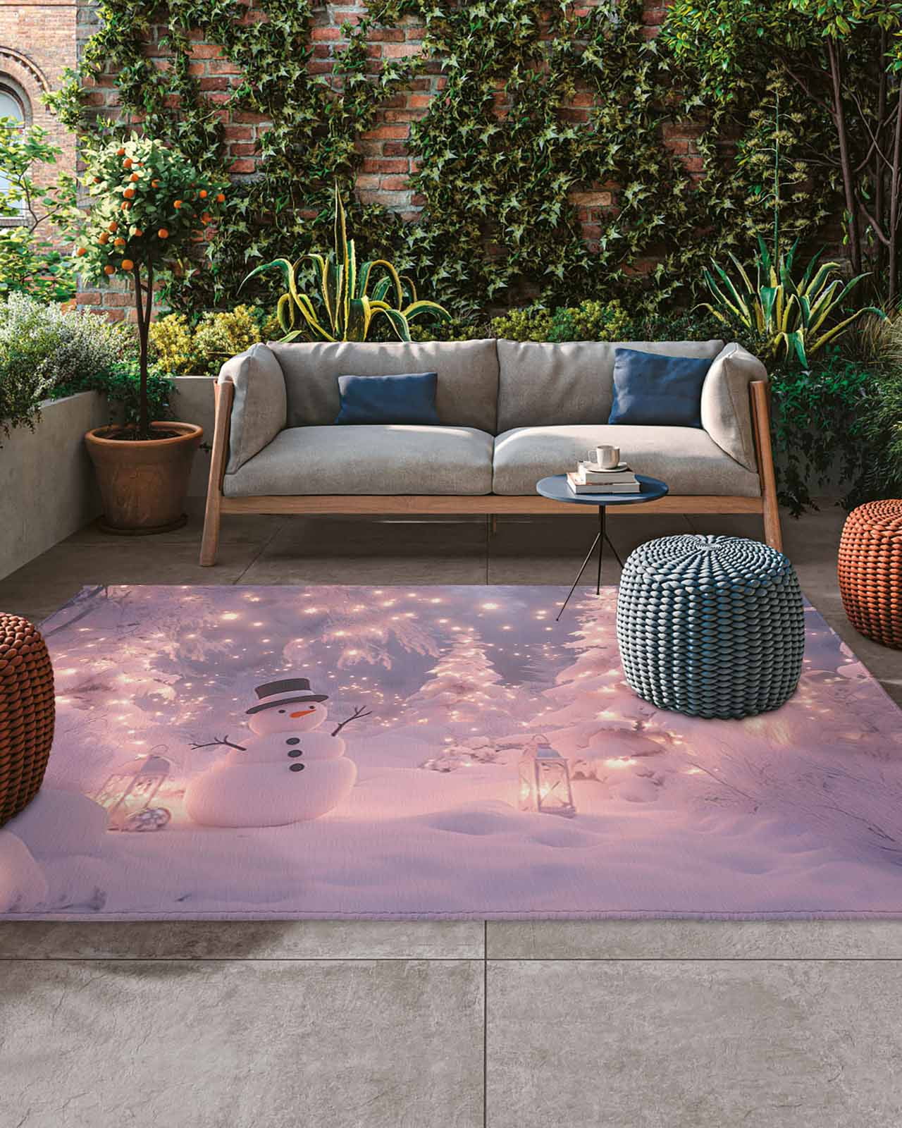 Christmas Light Outdoor Rug, Pink Snowman Snow Covered Christmas Tree ...