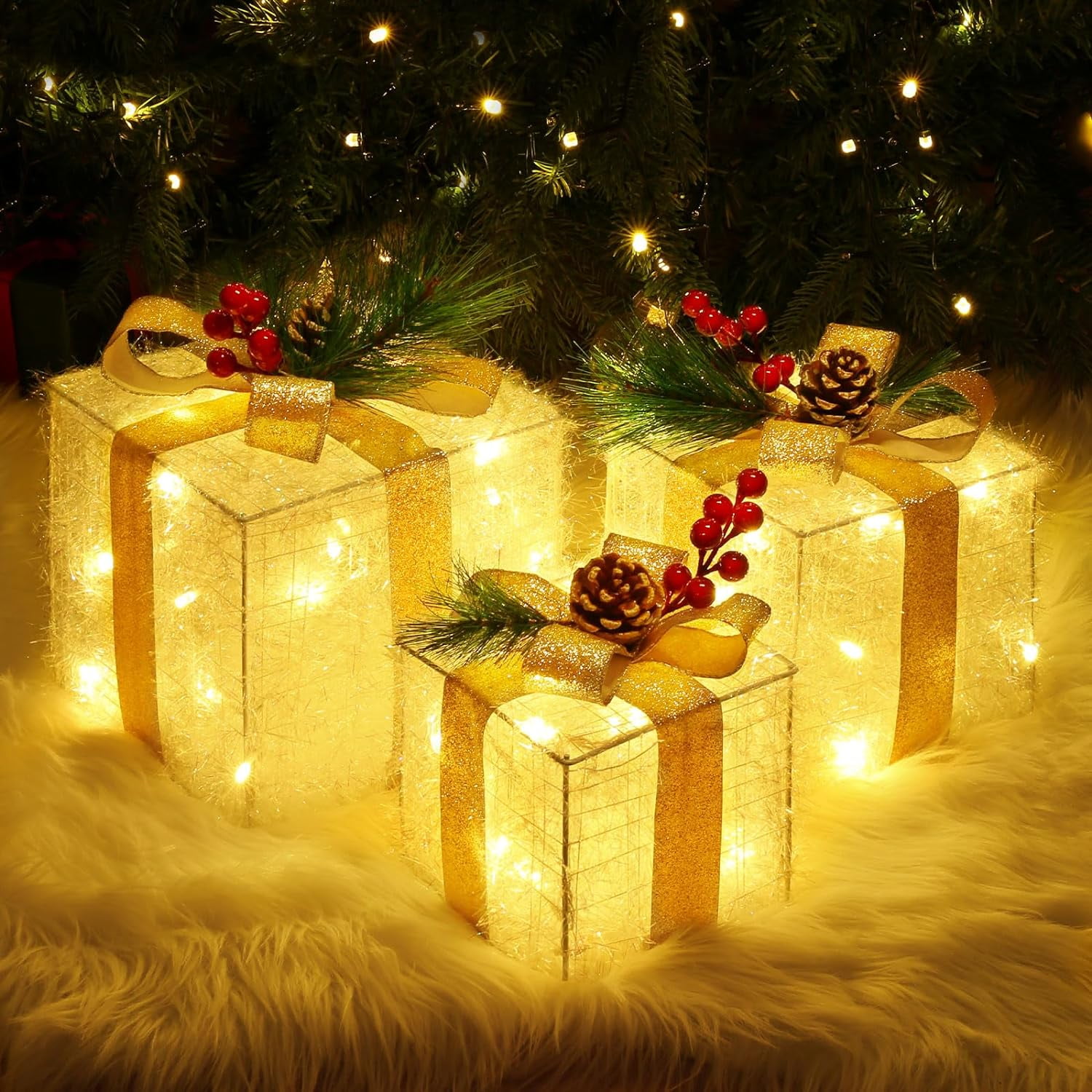 Quntis Set of 3 Lighted Boxes, 60 LED Light Up Christmas Decoration ...