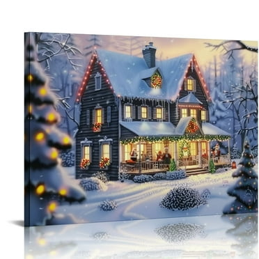 Northlight Lighted Winter Cottage Forest Scene Christmas Canvas Wall ...