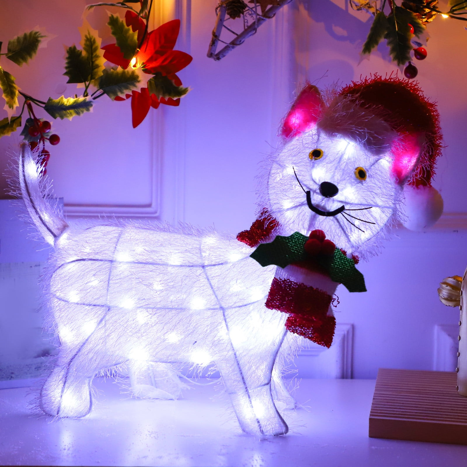 Christmas Lighted Cat Decoration, Pre-lit Plush Tinsel Dachshund Dog ...