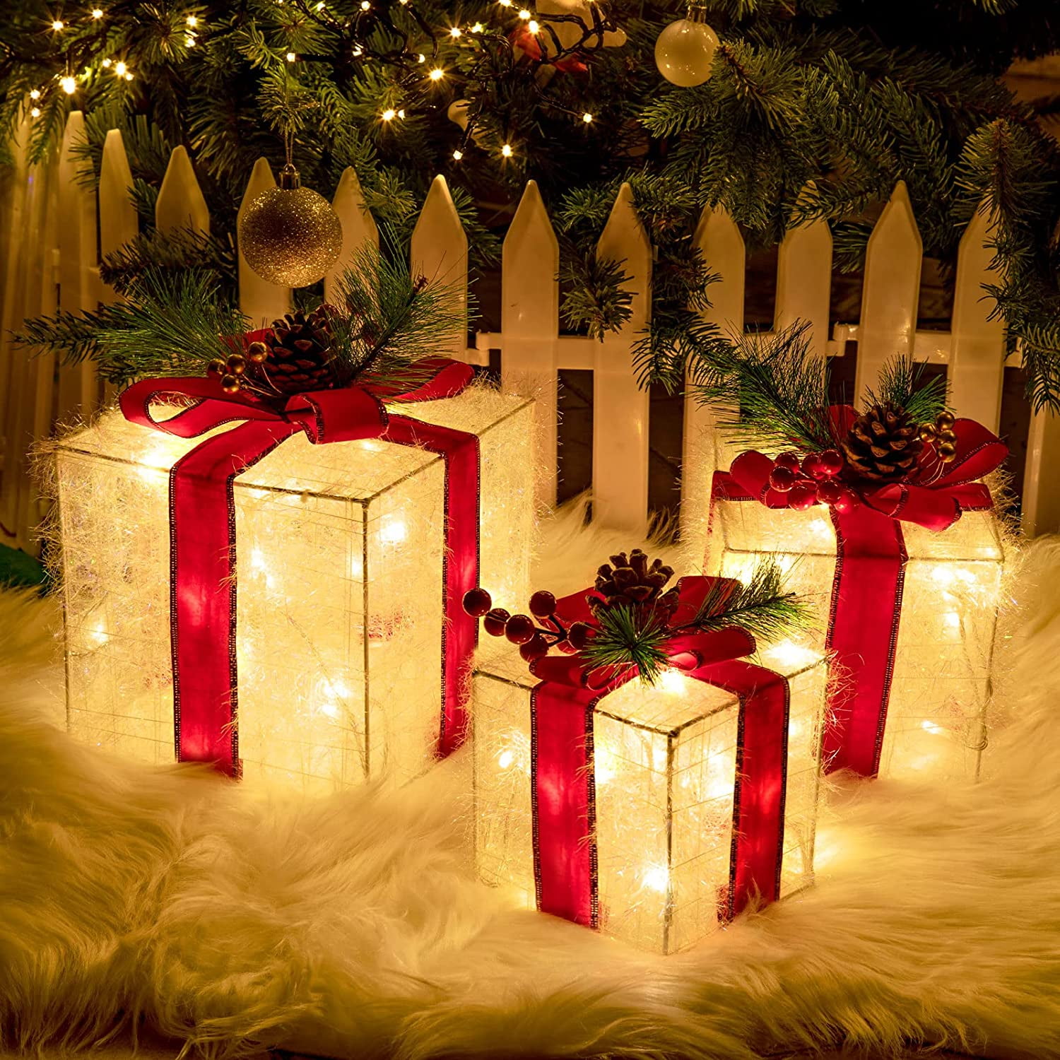 Quntis Christmas Lighted Gift Boxes Set of 3, 60 LEDs, 8 Modes, Timing ...