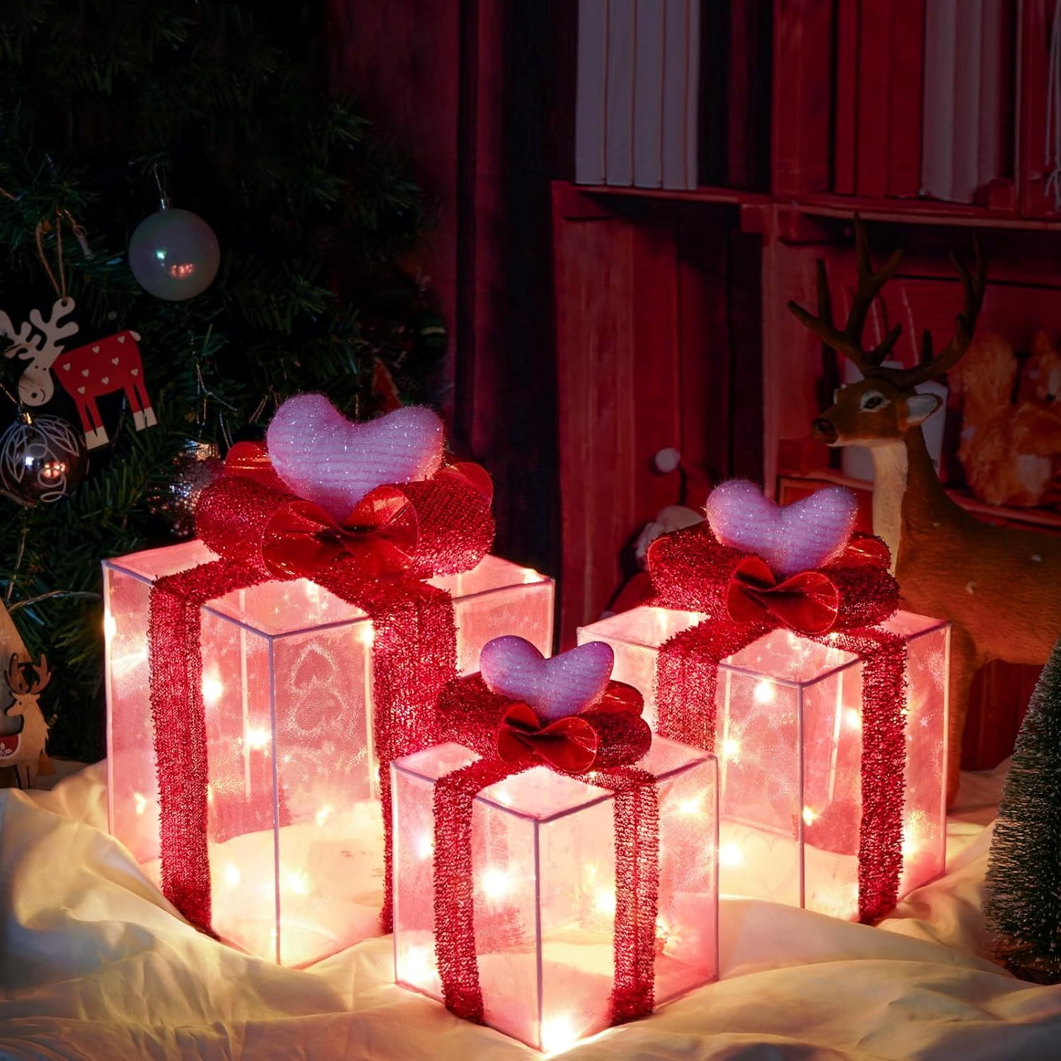 Christmas Lighted Gift Boxes with Pink Cloth, Pre-lit Lights Gift Boxes ...