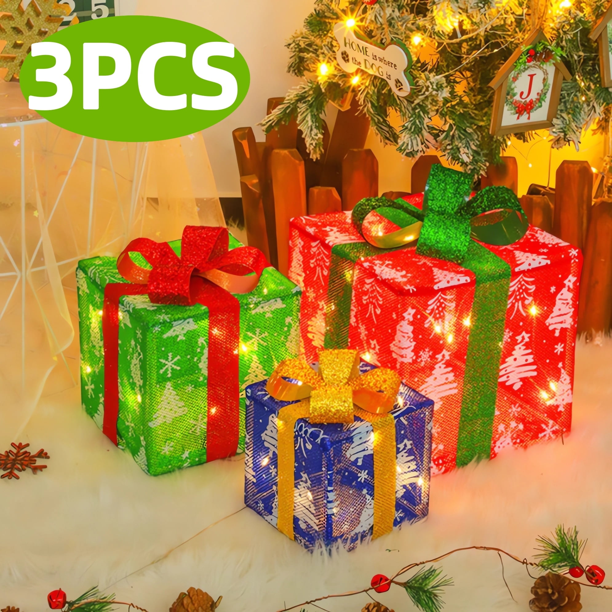 Christmas Lighted Gift Boxes Set of 3 60 LED Snowflake Christmas Tree ...