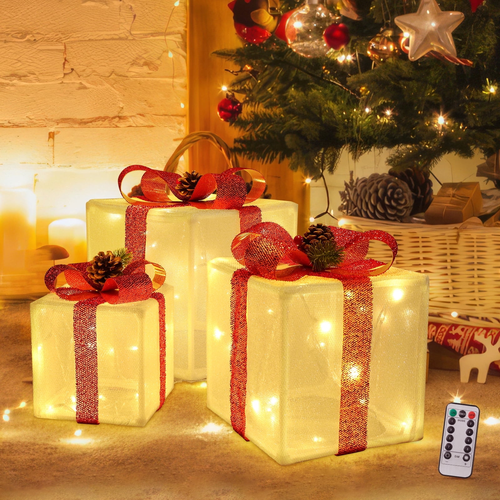 Christmas Lighted Gift Box Set, 3 Light-Up Christmas Ornaments, 10", 8 ...