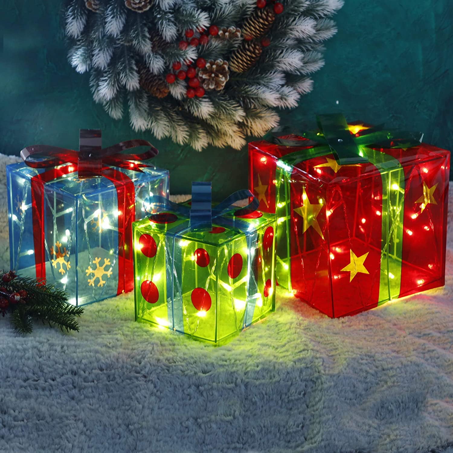Christmas Lighted Gift Boxes, Set of 3 Pre-Lit Snowflake and Star ...