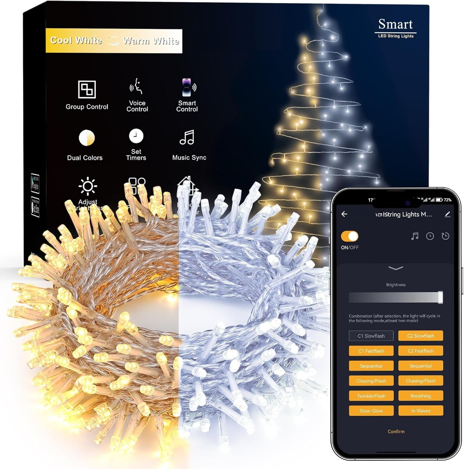Christmas Lights, 66FT 200 Warm White & Cool White Color Changing ...