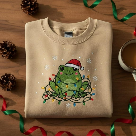 Christmas Lights Frog Embroidered Sweatshirt, Cute Frog Santa Hat ...