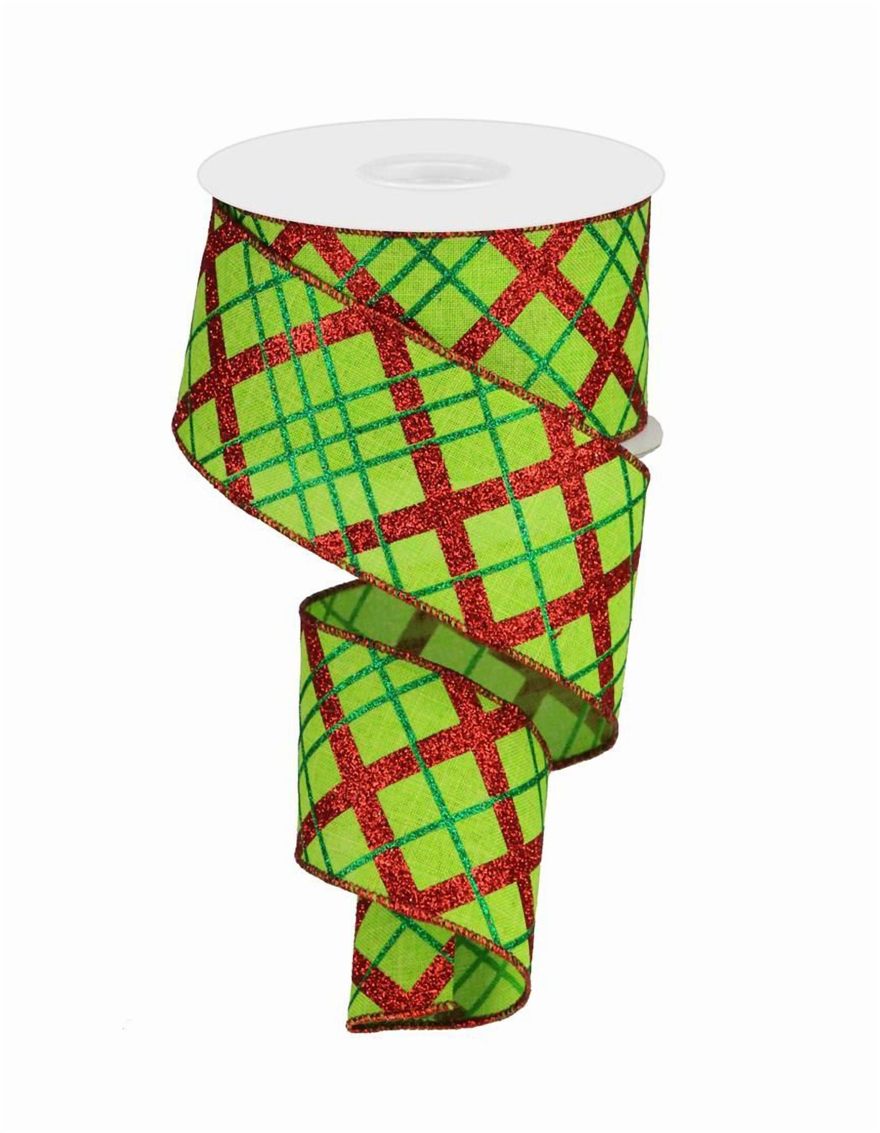 Christmas Lime Green, Red Diagonal Glitter Plaid - 2 1/2" X 10 Yards ...