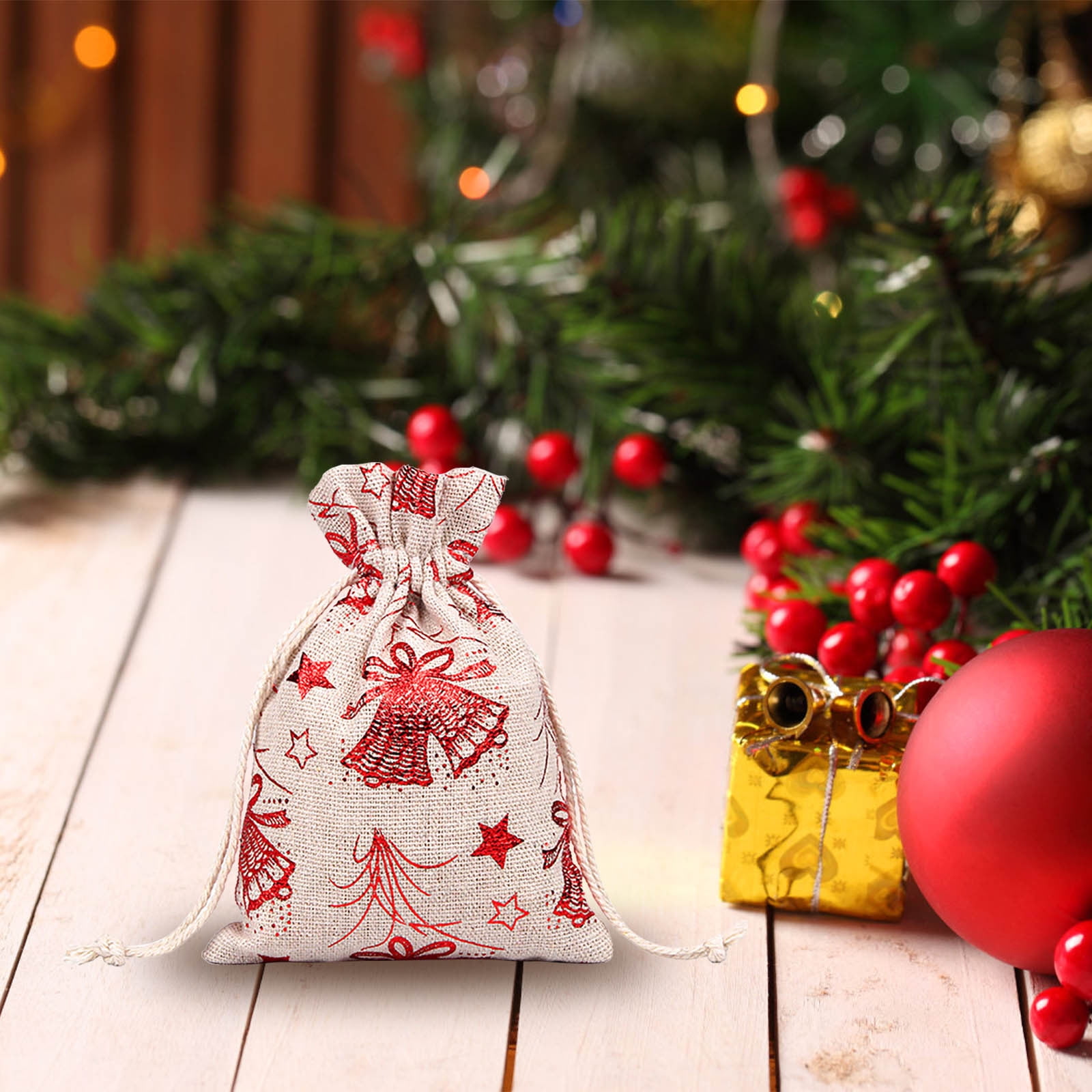 Christmas Linen Drawstring Gift Bags Holiday Goodie Bags Xmas Treat ...