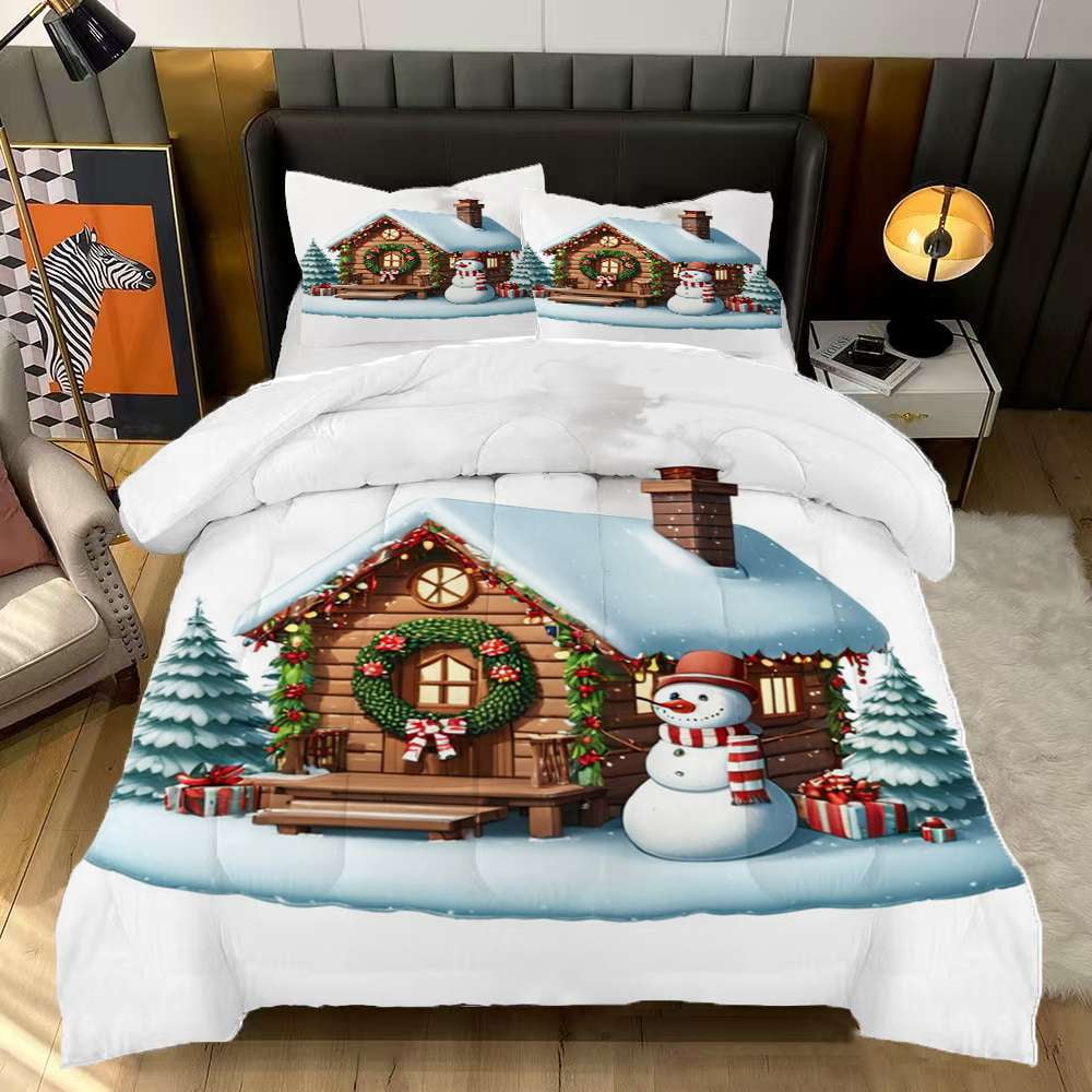 Christmas Log Cabin Scene Comforter Set Full Size Bedding Set For Travl ...