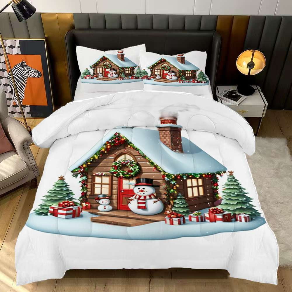 Christmas Log Cabin Scene Comforter Set King Size Bedding Set For Travl ...