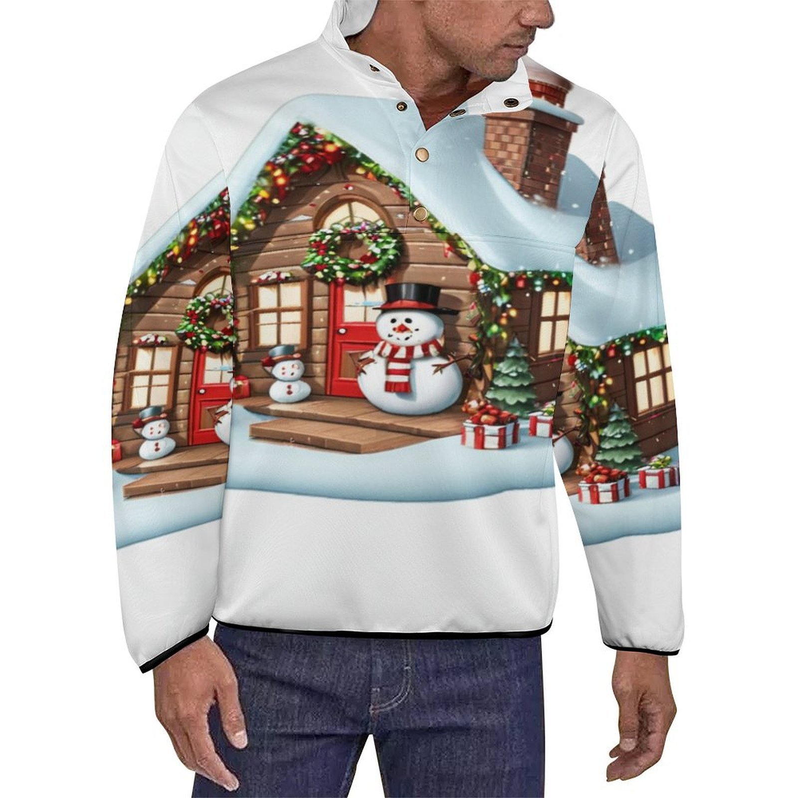 Christmas Log Cabin Scene Men's Stand Collar Sweater Long Sleeve ...