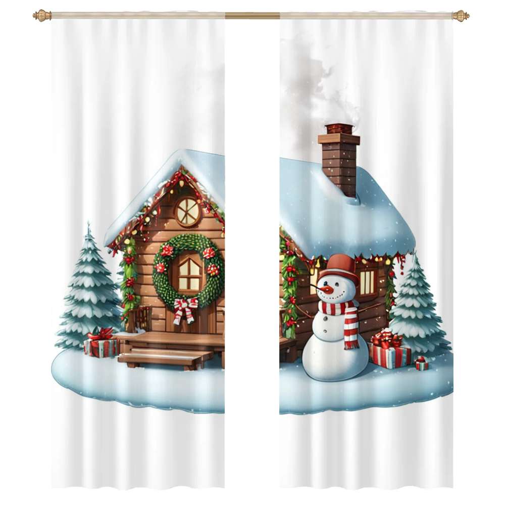 Christmas Log Cabin Scene Sheer Window Curtains for Living Room Kitchen ...