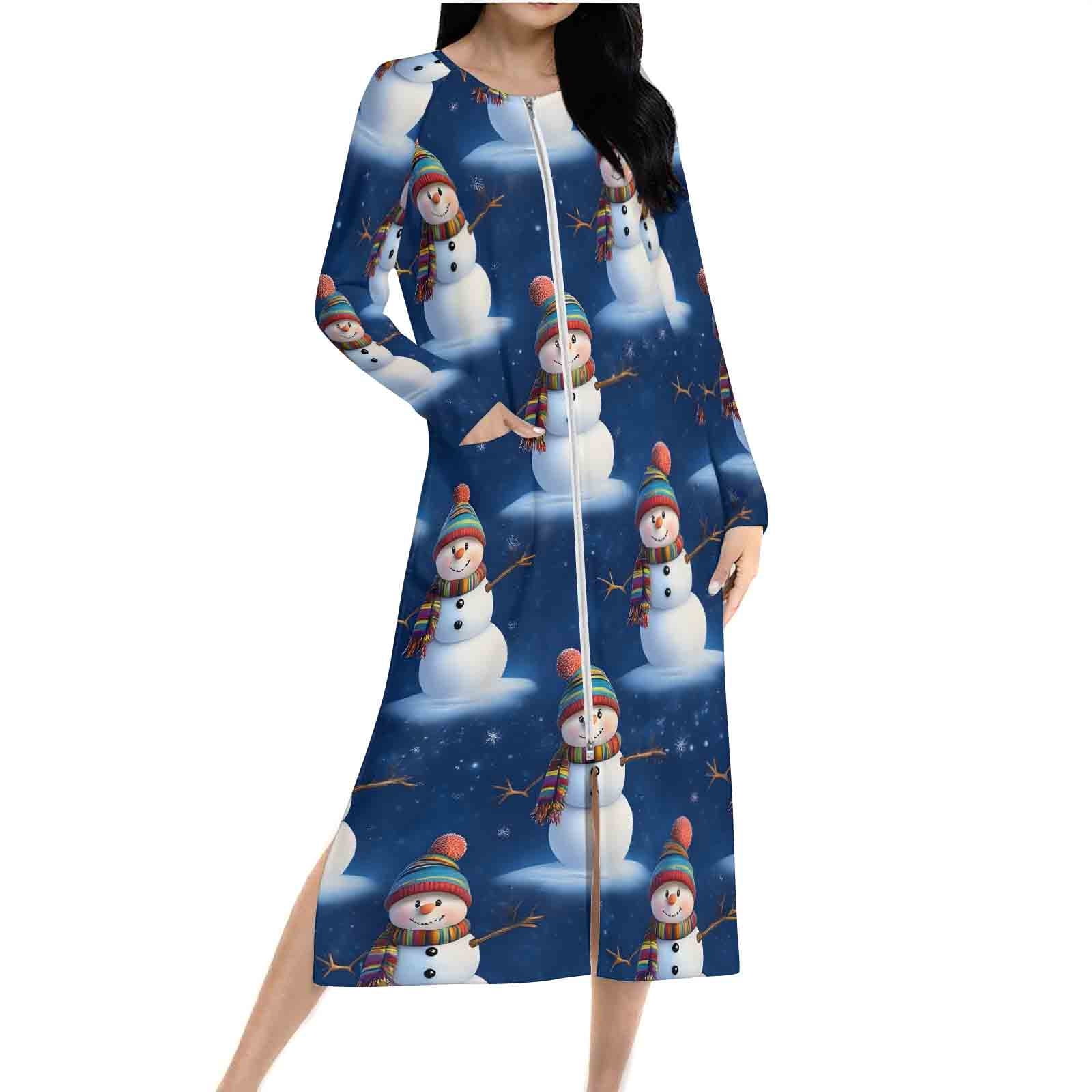 Christmas Long Pajama for Women Zip Up Housecoat Xmas Snowman Night ...