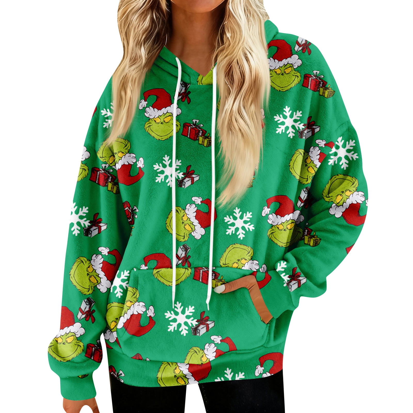 Christmas Long Sleeve Grinch Hoodie Women with Cartoon Face Print Pullover Flannel Lined ...