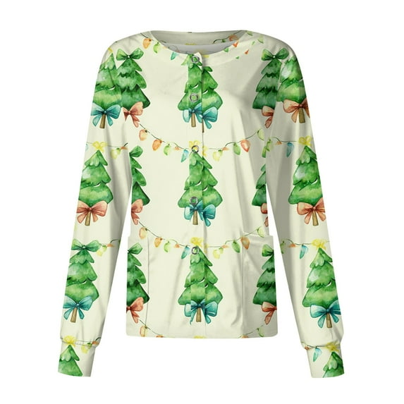 Christmas Long Sleeve Scrub Jacket for Woman Funny Xmas Pattern Scrub ...