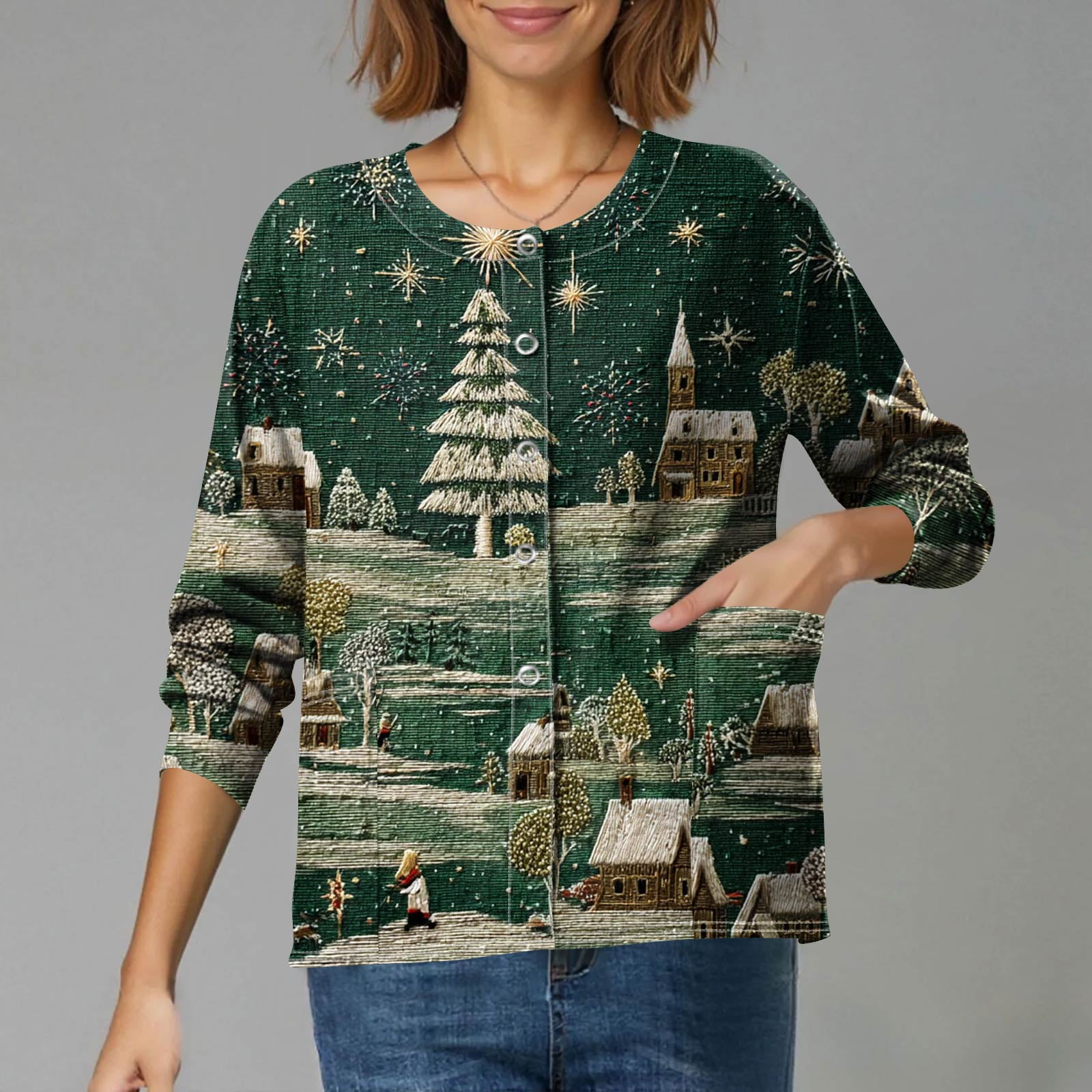 Christmas Long Sleeve Scrub Jackets Women Plus Size Funny Xmas Printed ...