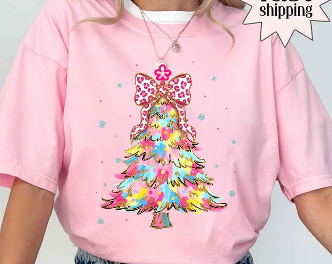 Christmas Long Sleeve Shirt, Coquette Bow Pink Christmas Tree Tee, Cute ...