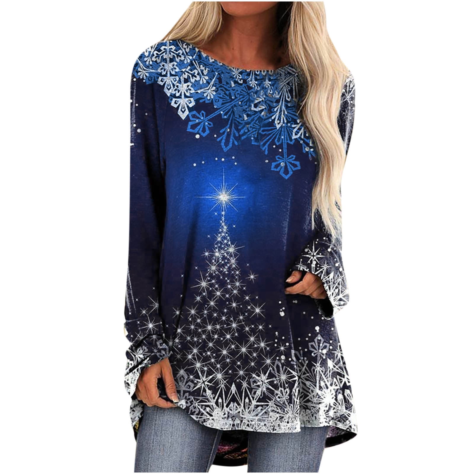 Christmas Long Sleeve Shirts for Women Bling Christmas Tree Print Tunic ...