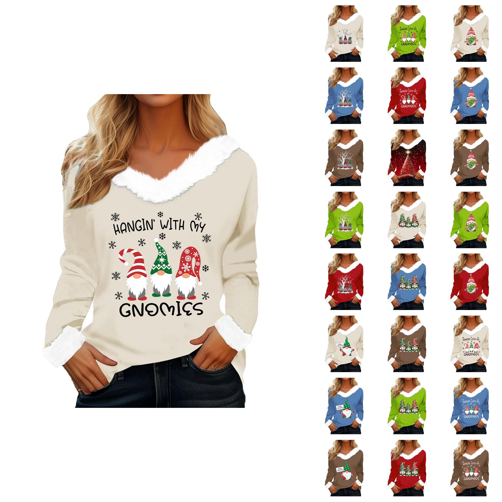 Christmas Long Sleeve Shirts for Women 2025 Holiday V Neck Fur Trim ...