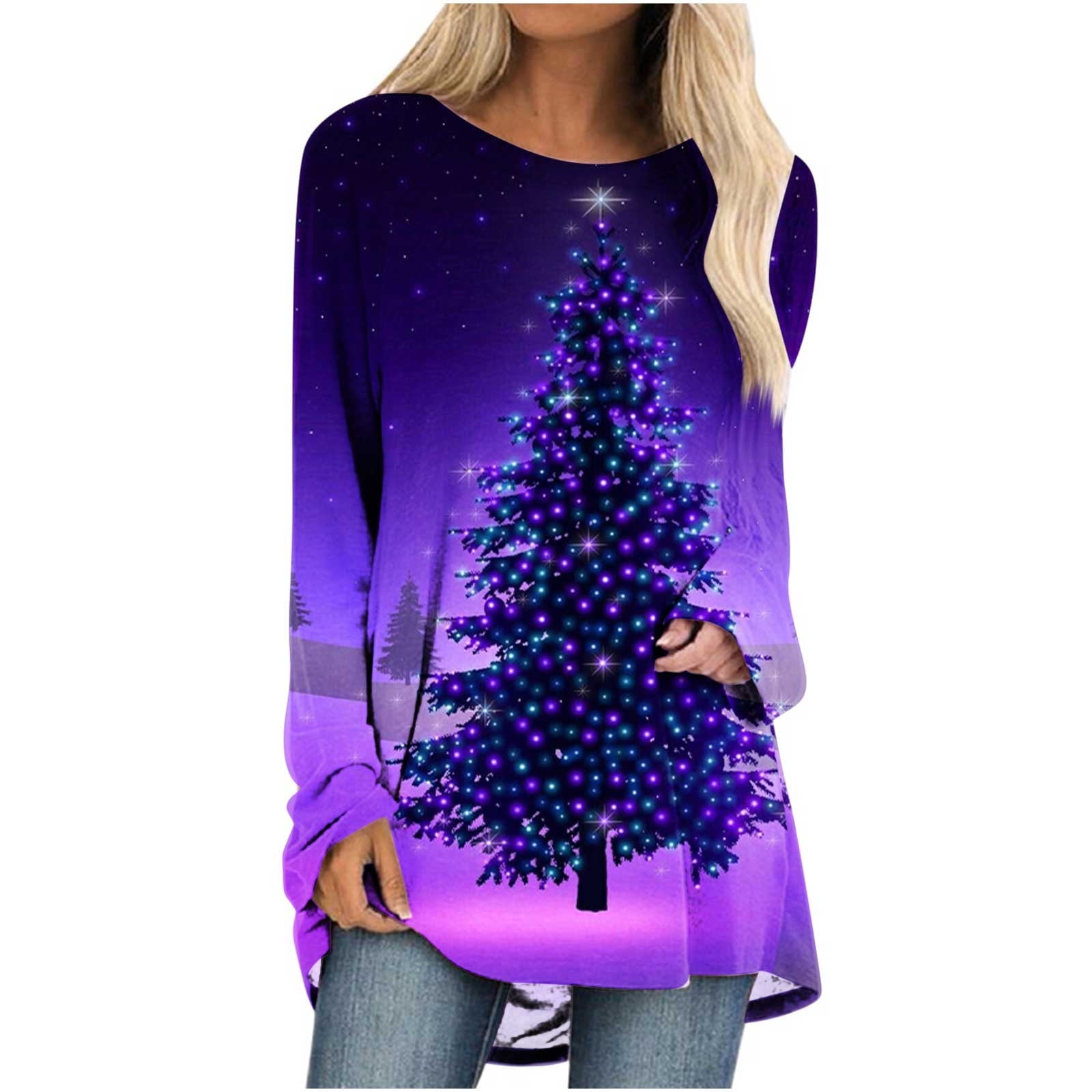 Christmas Long Sleeve Shirts for Women Christmas Tree Print Tunic Long ...