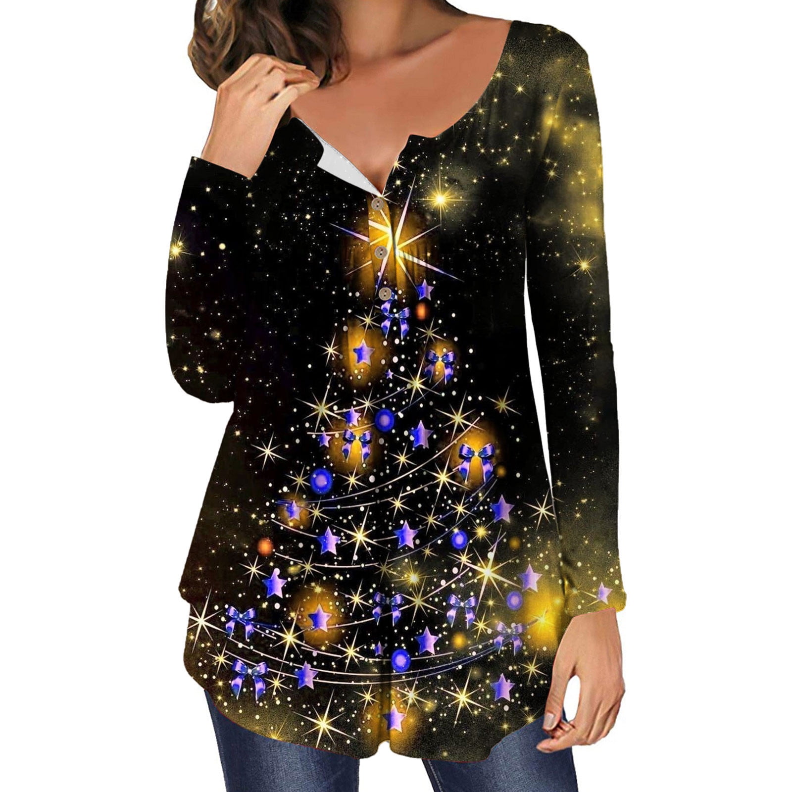 Christmas Long Sleeve Shirts for Women Empire Waist Button Down Blouses ...