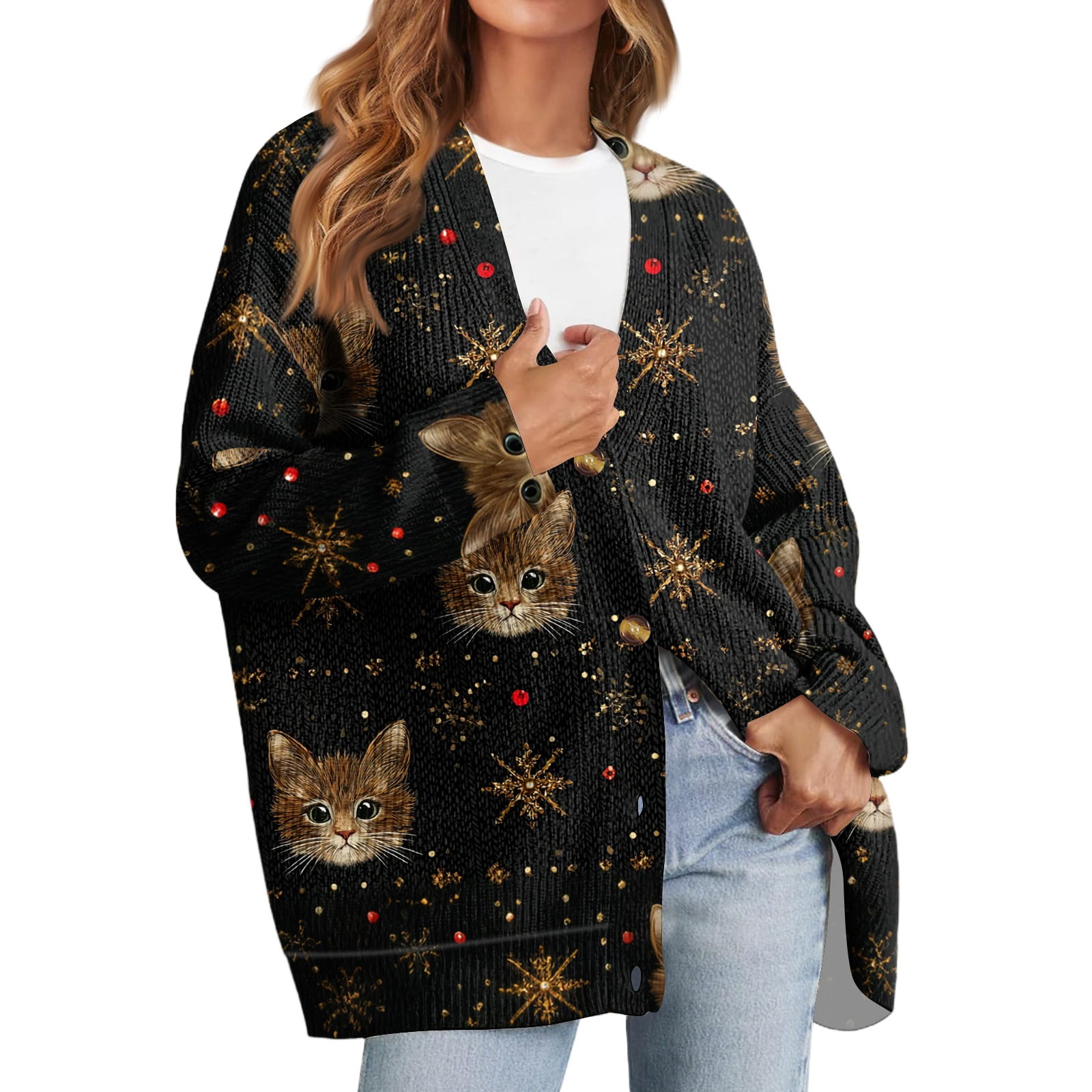 Christmas Long Sweater Cardigan Women Long Sleeve Button Down Open ...