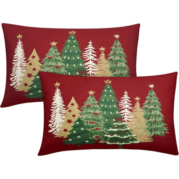 Christmas Lumbar Pillow Covers 12x20 Inch Set of 2 Xmas Tree Dark Red ...