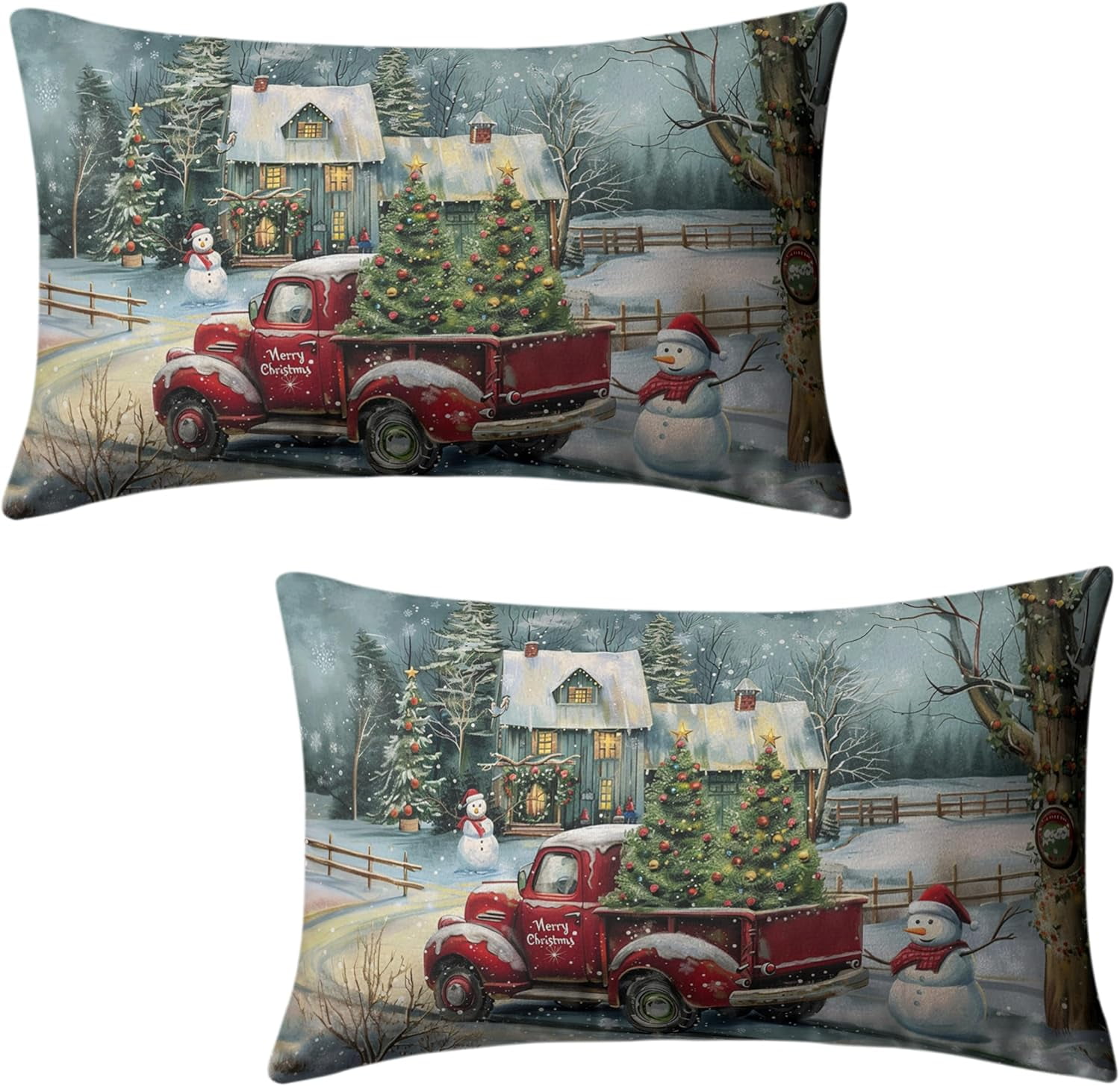 Christmas Lumbar Pillow Covers 12x20 Red Truck with Christmas Trees ...
