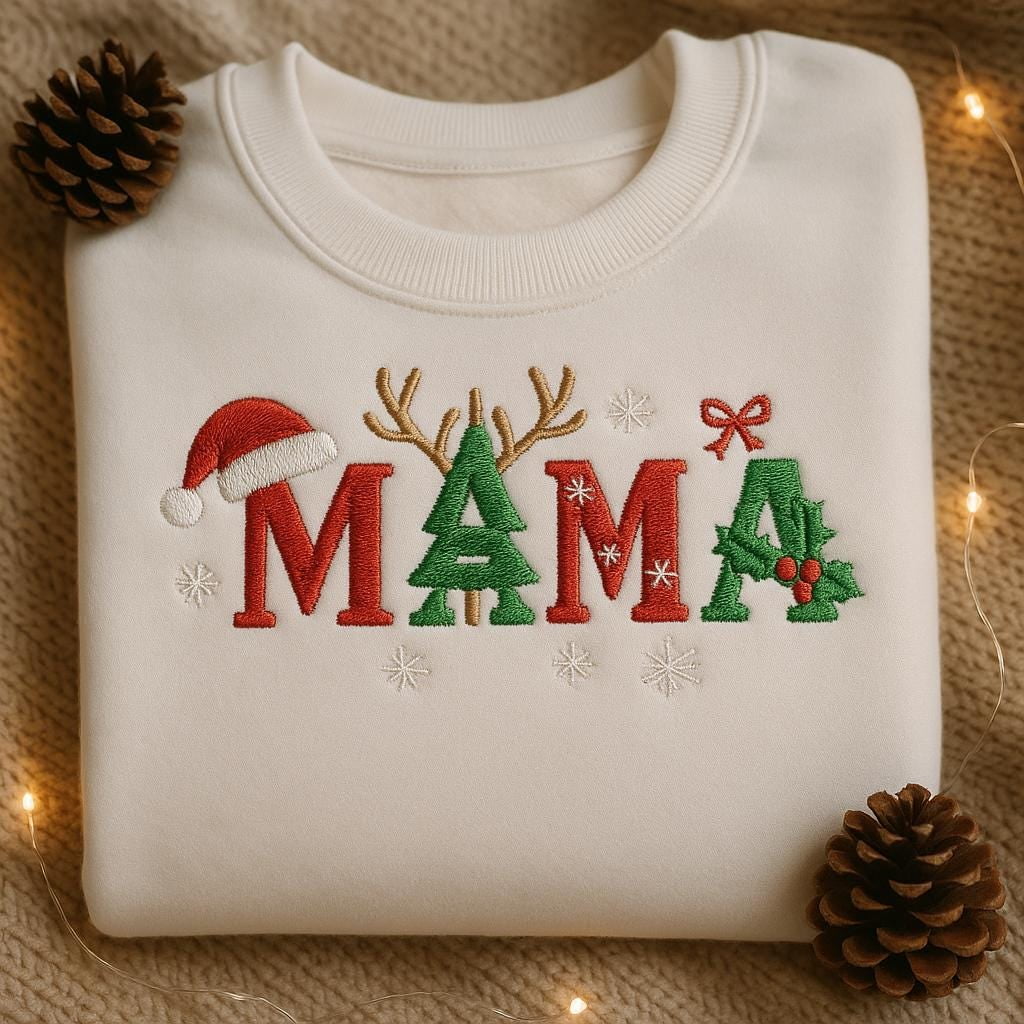 Christmas MAMA Embroidered Sweatshirt, Reindeer Tree Holiday Sweater ...