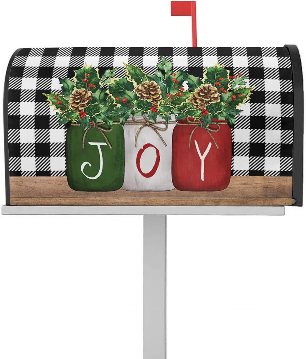 Christmas Magnetic Mailbox Cover, Joy Vase Holly Leaf Berry Buffalo ...