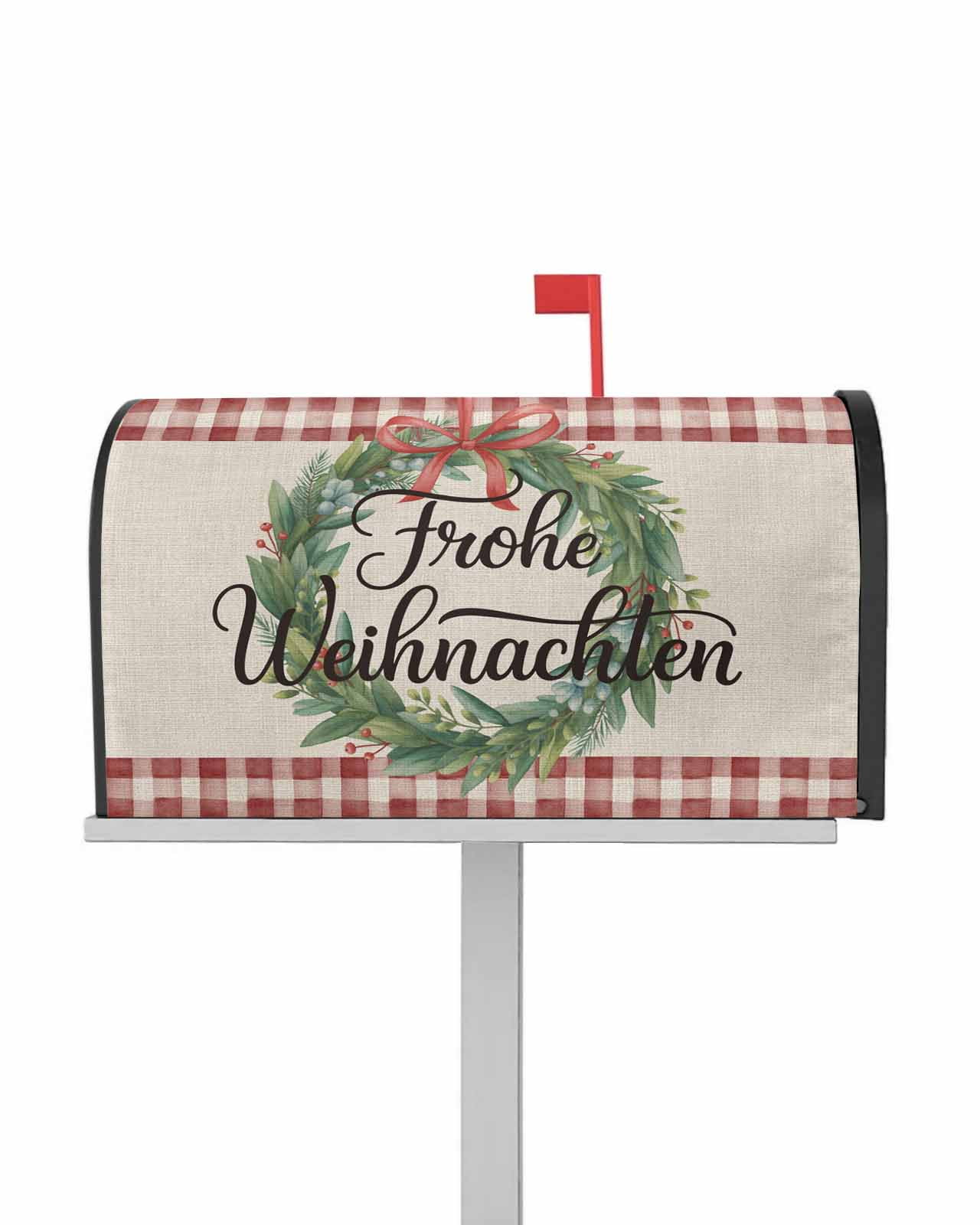 Christmas Mailbox Cover, Frohe Weihnachten Green Wreaths Red Plaid ...