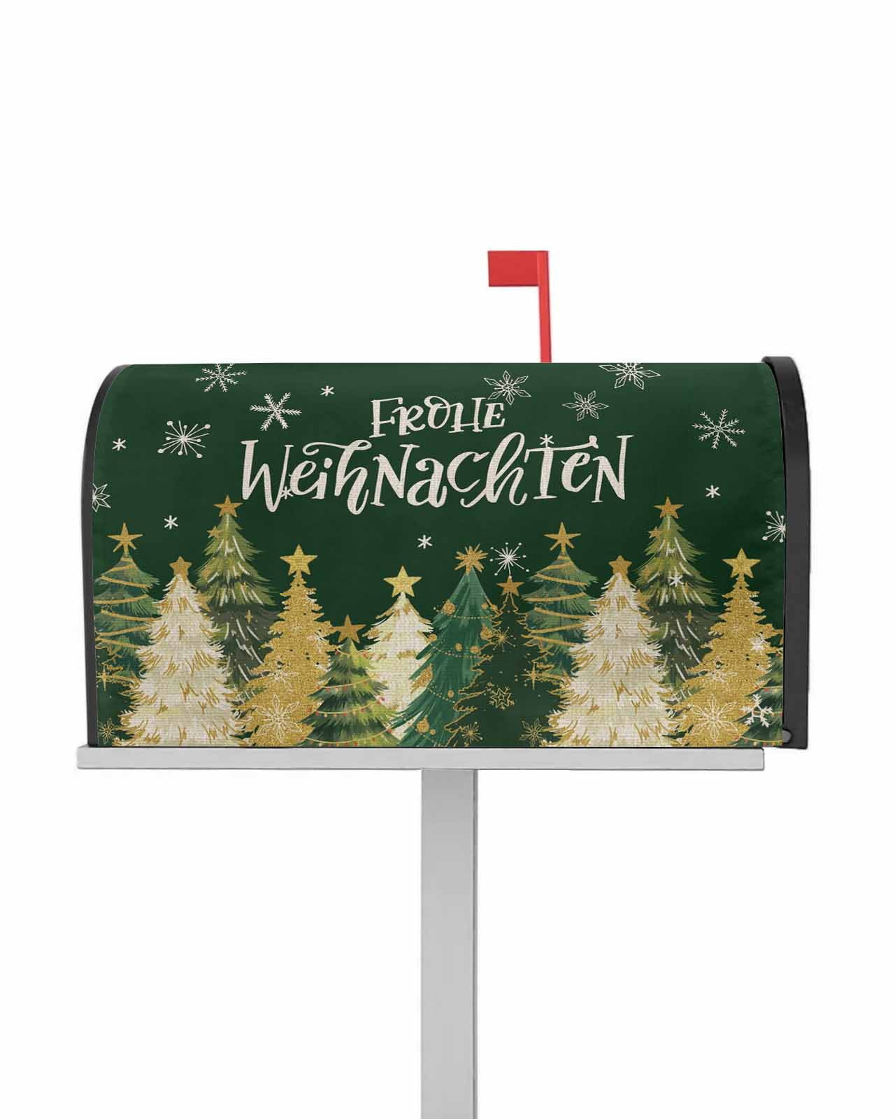 Christmas Mailbox Cover, Green Xmas Tree Snow Frohe Weihnachten Dark ...