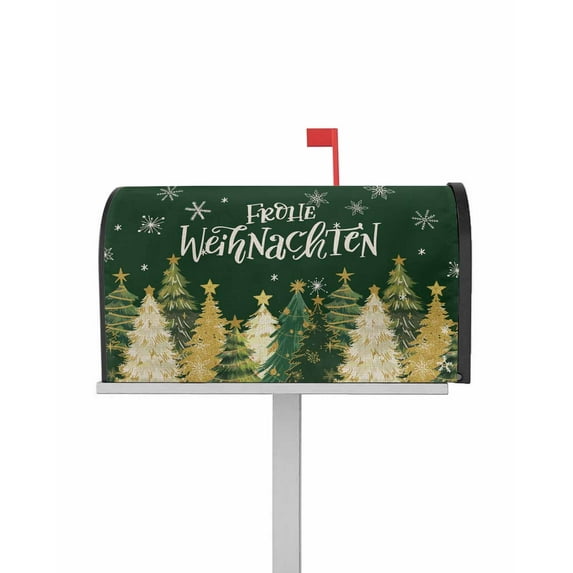 Christmas Mailbox Cover, Green Xmas Tree Snow Frohe Weihnachten Dark ...