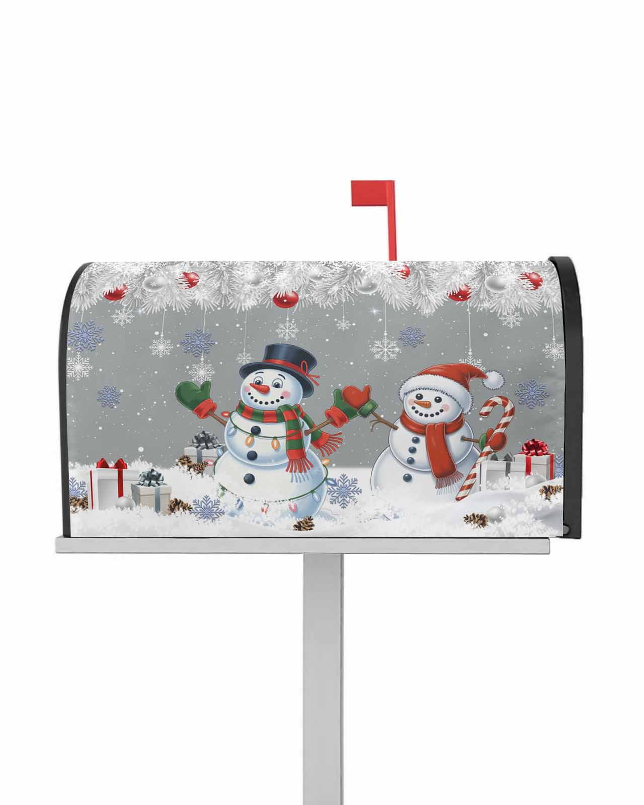 Christmas Mailbox Cover, Red Snowman White Snow Pine Leaf Xmas Box Grey ...